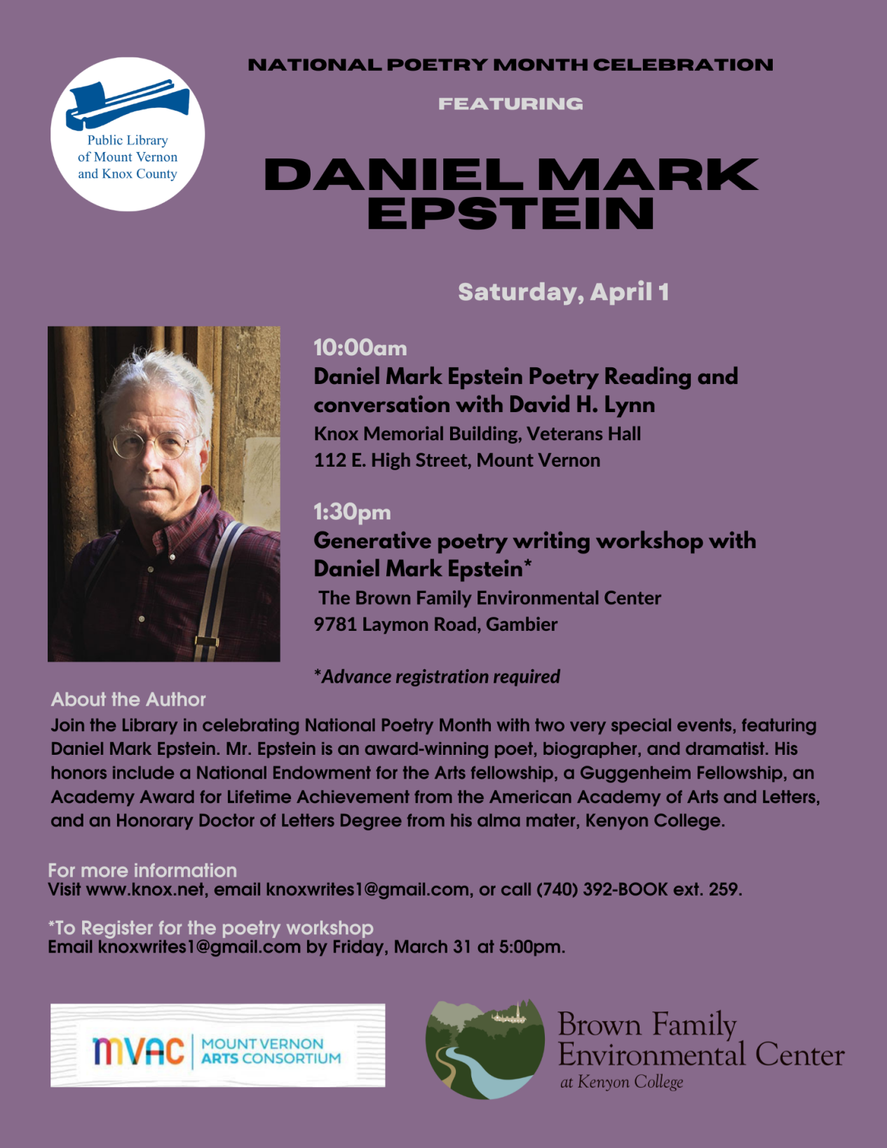 Poet Daniel Mark Epstein featured at library's “National Poetry Month ...
